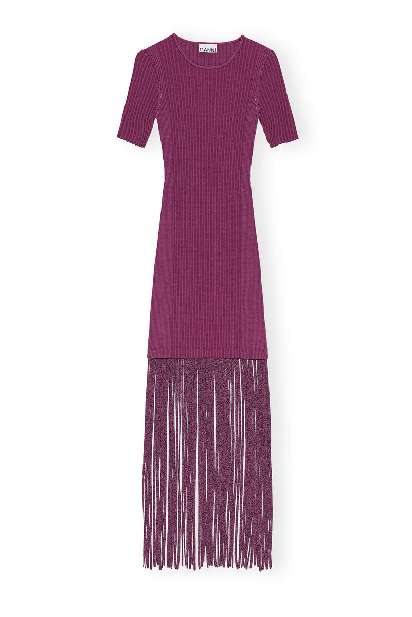 Fiji Flower Purple Melange Knit Fringe Short Sleeve Mini Dress | GANNI ...