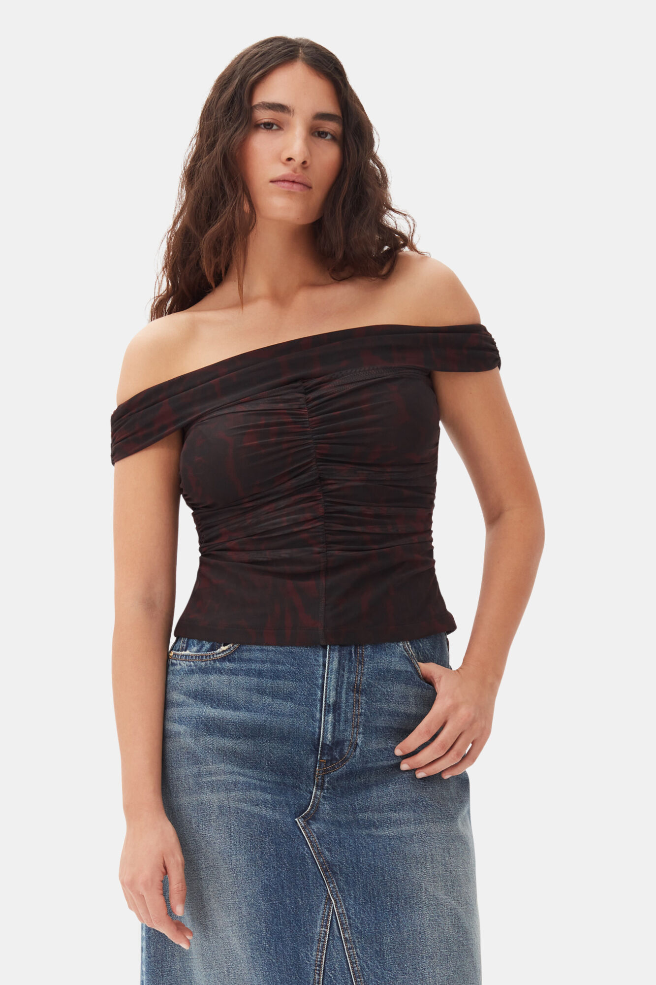 Bitter Chocolate Printed Mesh Off-shoulder Ruched Top | GANNI AU