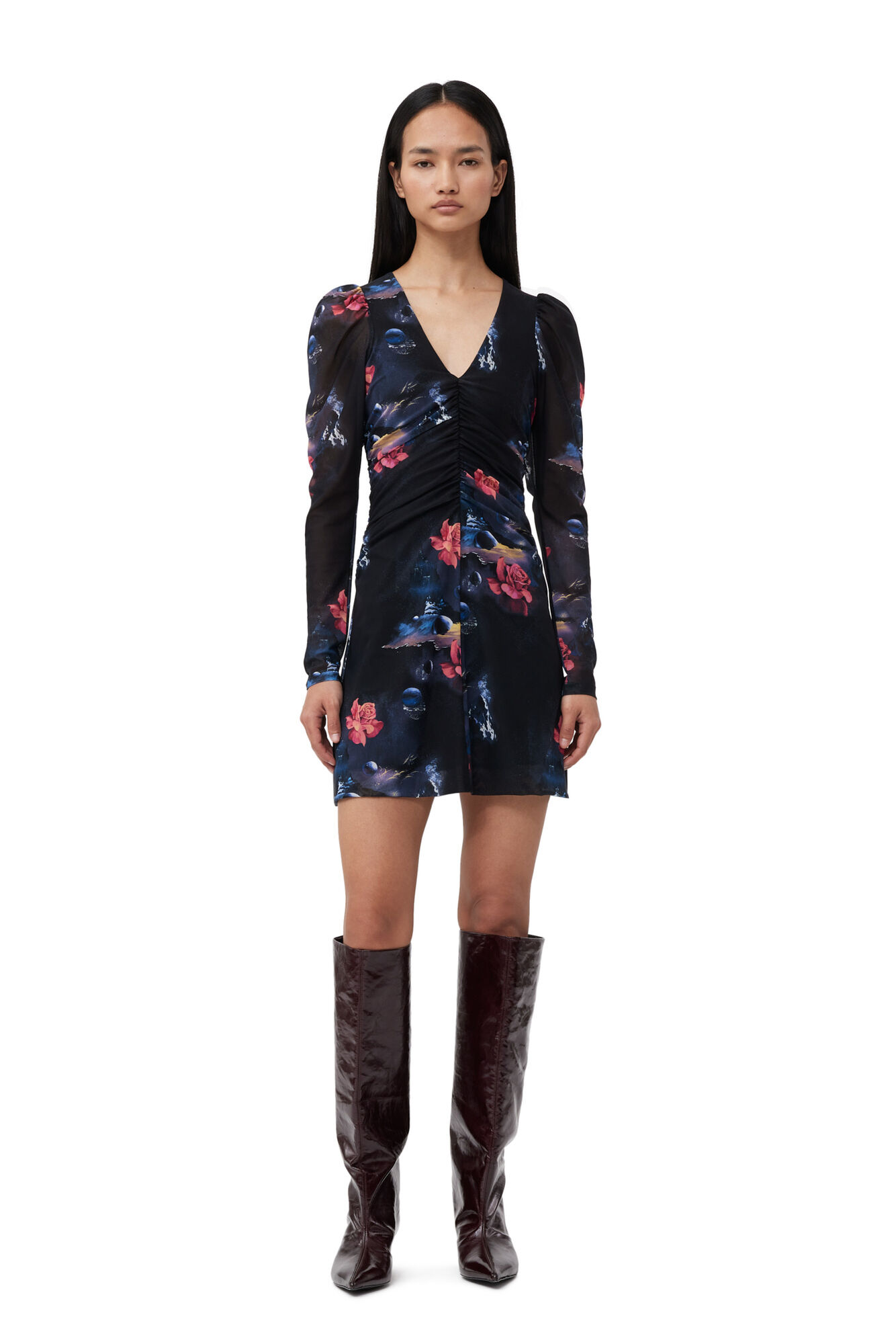 Black Printed Mesh Gathered Mini-kjole | GANNI NO