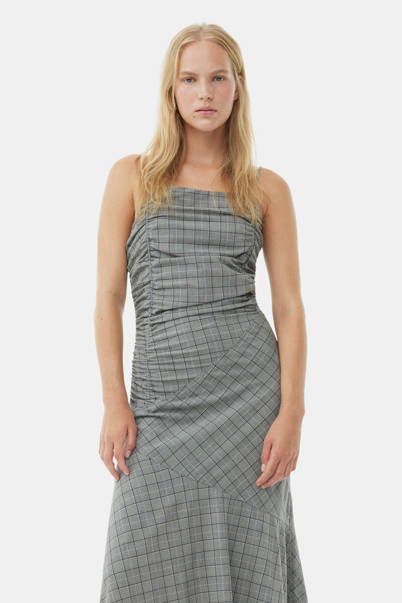 Frost Gray Checkered Ruched Long Slip Dress | GANNI AE