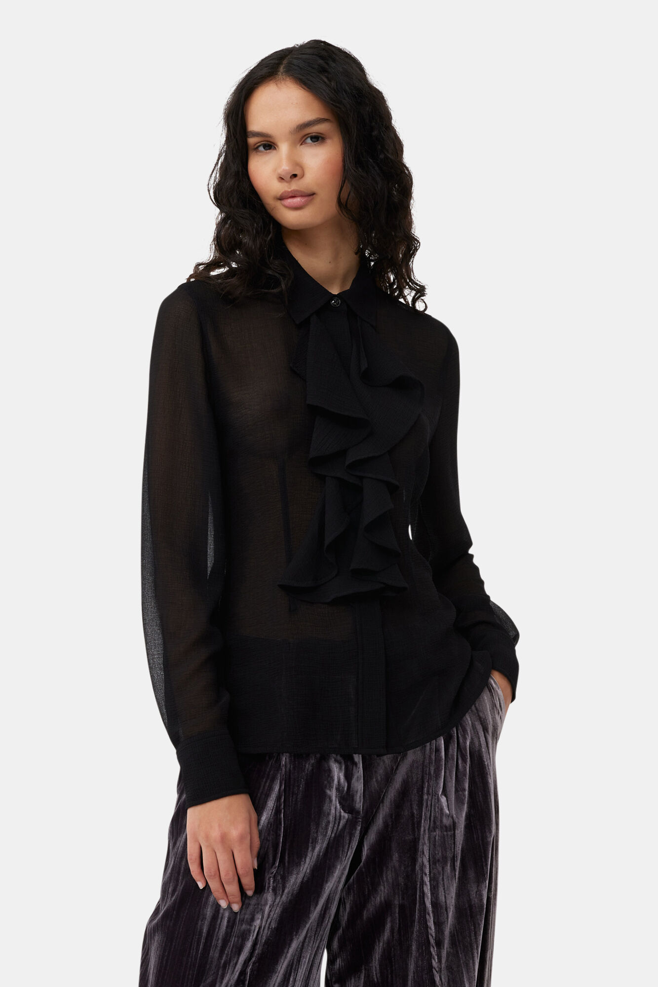 Black Chiffon Ruffle Shirt | GANNI US