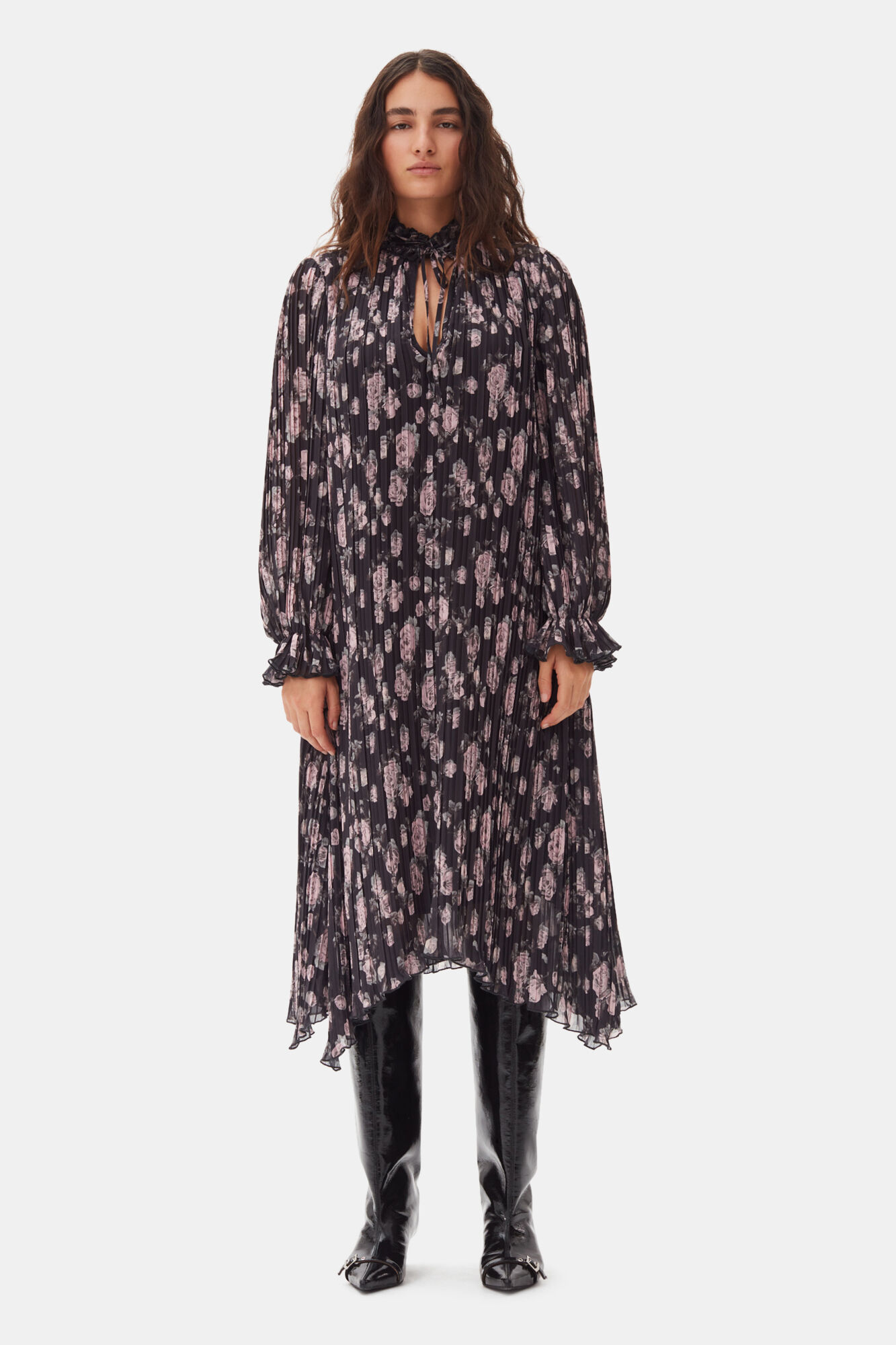 Floral Printed Pleated Georgette Midi Dress | GANNI