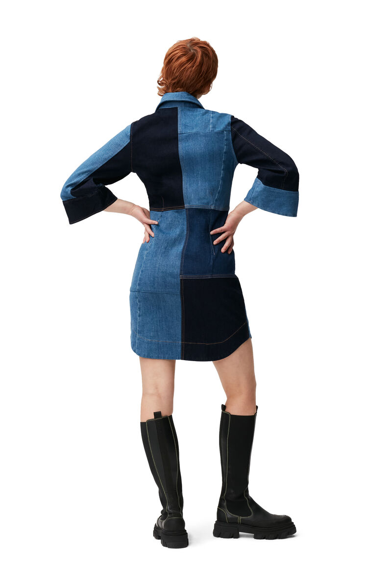 Indigo Patchwork Denim Patchwork Mini Shirt Dress | GANNI US
