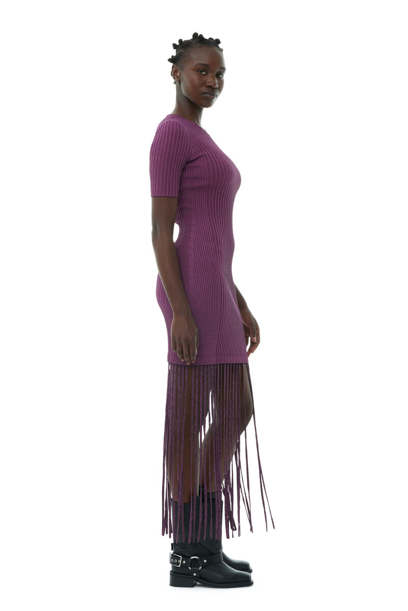 Fiji Flower Purple Melange Knit Fringe Short Sleeve Mini Dress | GANNI DK