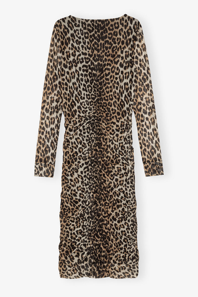 Leopard Mesh Printed Ruched Midi Dress | GANNI AE
