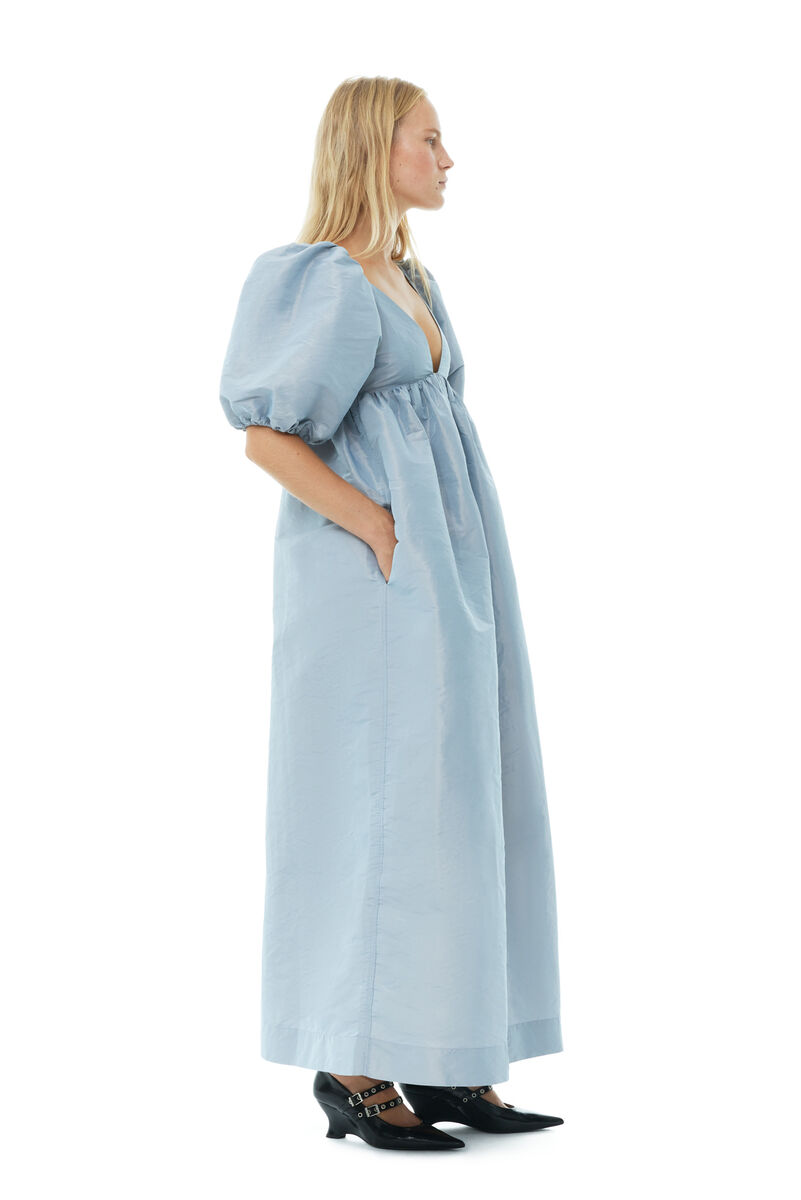 Powder Blue Light Blue Shiny Taffeta Long Dress | GANNI UK