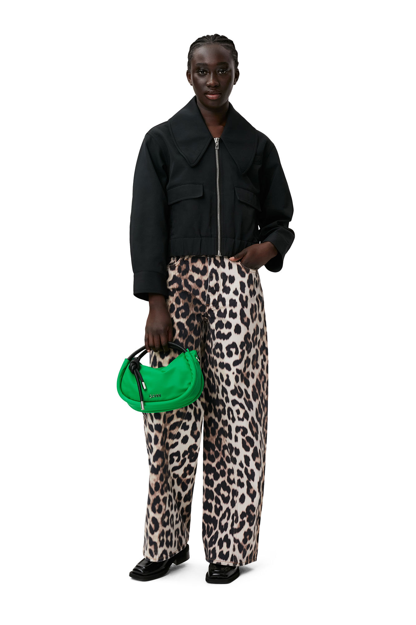 Black Heavy Twill Wide Collar Jacket | GANNI UK