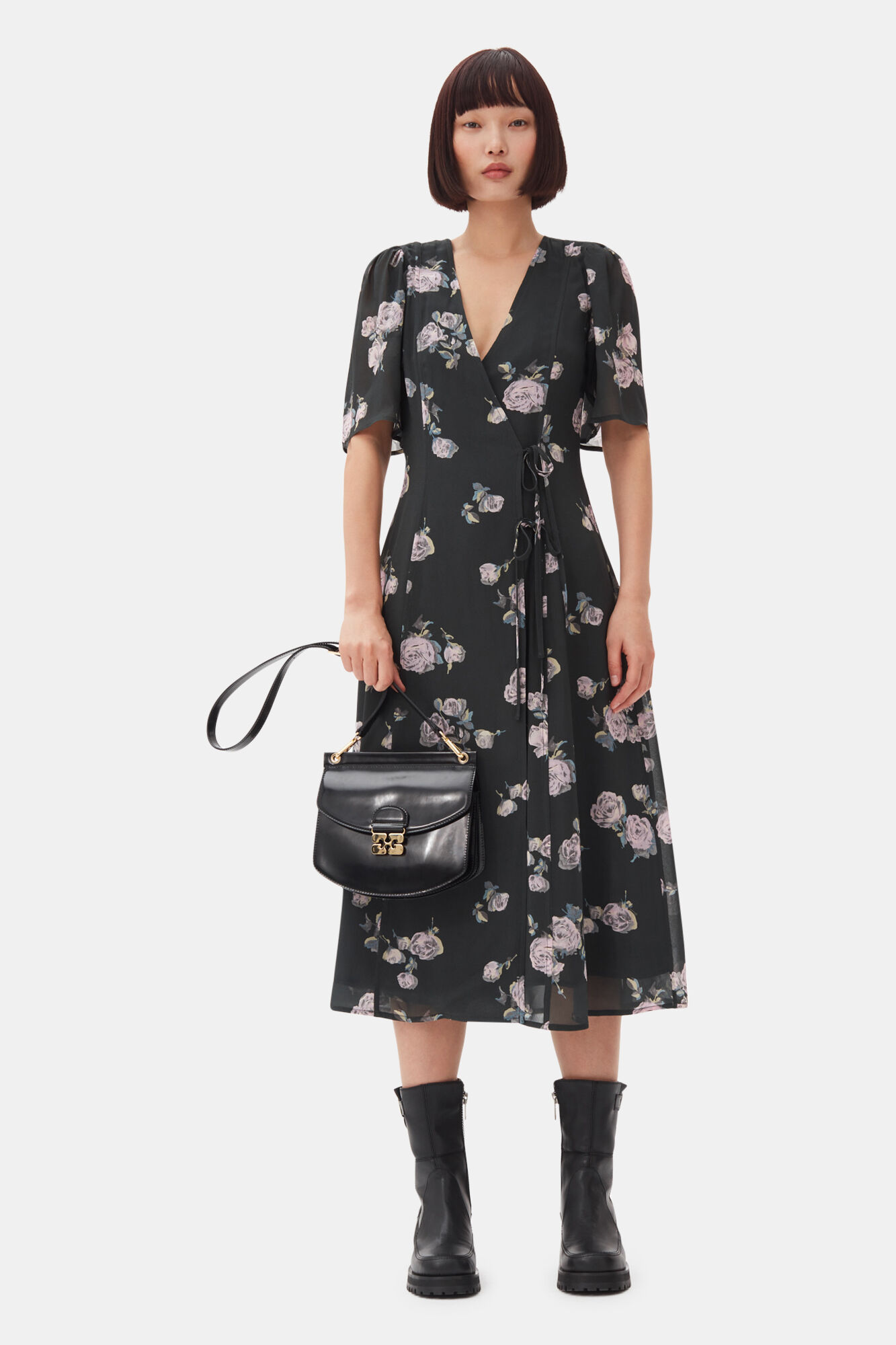 Climbing Ivy Black Floral Crepe Wrap Midi Dress | GANNI US