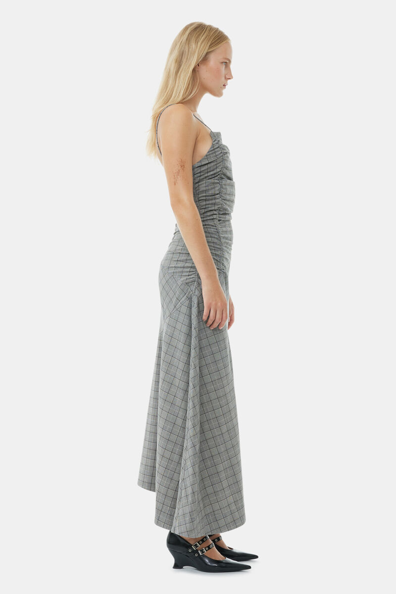 Frost Gray Checkered Ruched Long Slip Dress | GANNI AE