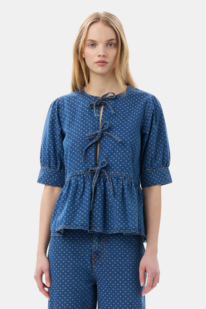 Mid Blue Stone Blue Polka Dot Denim Peplum Blouse Ganni