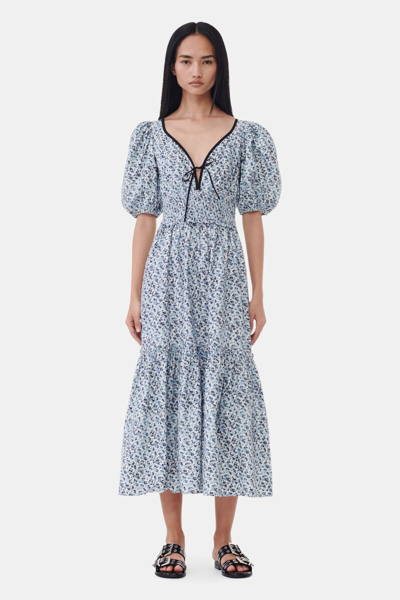Glacier Lake Blue Floral Printed Cotton Long Smock Dress | GANNI NL