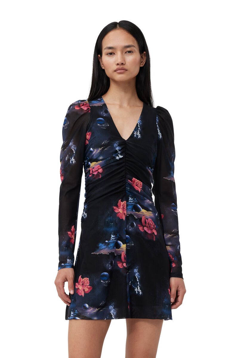 Black Printed Mesh Gathered Mini-kjole | GANNI NO