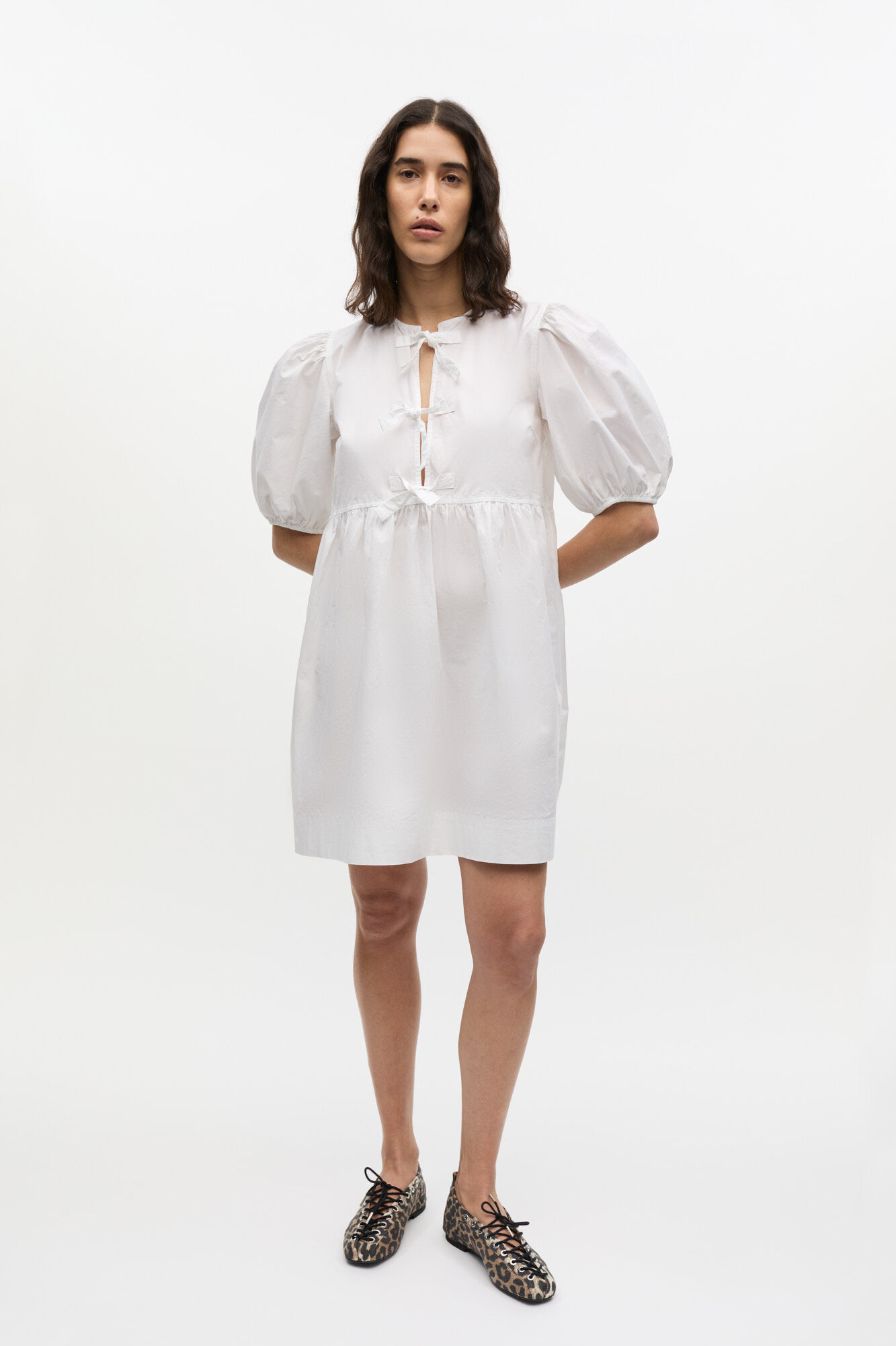 Bright White White Cotton Poplin Tie String Mini Dress | GANNI US