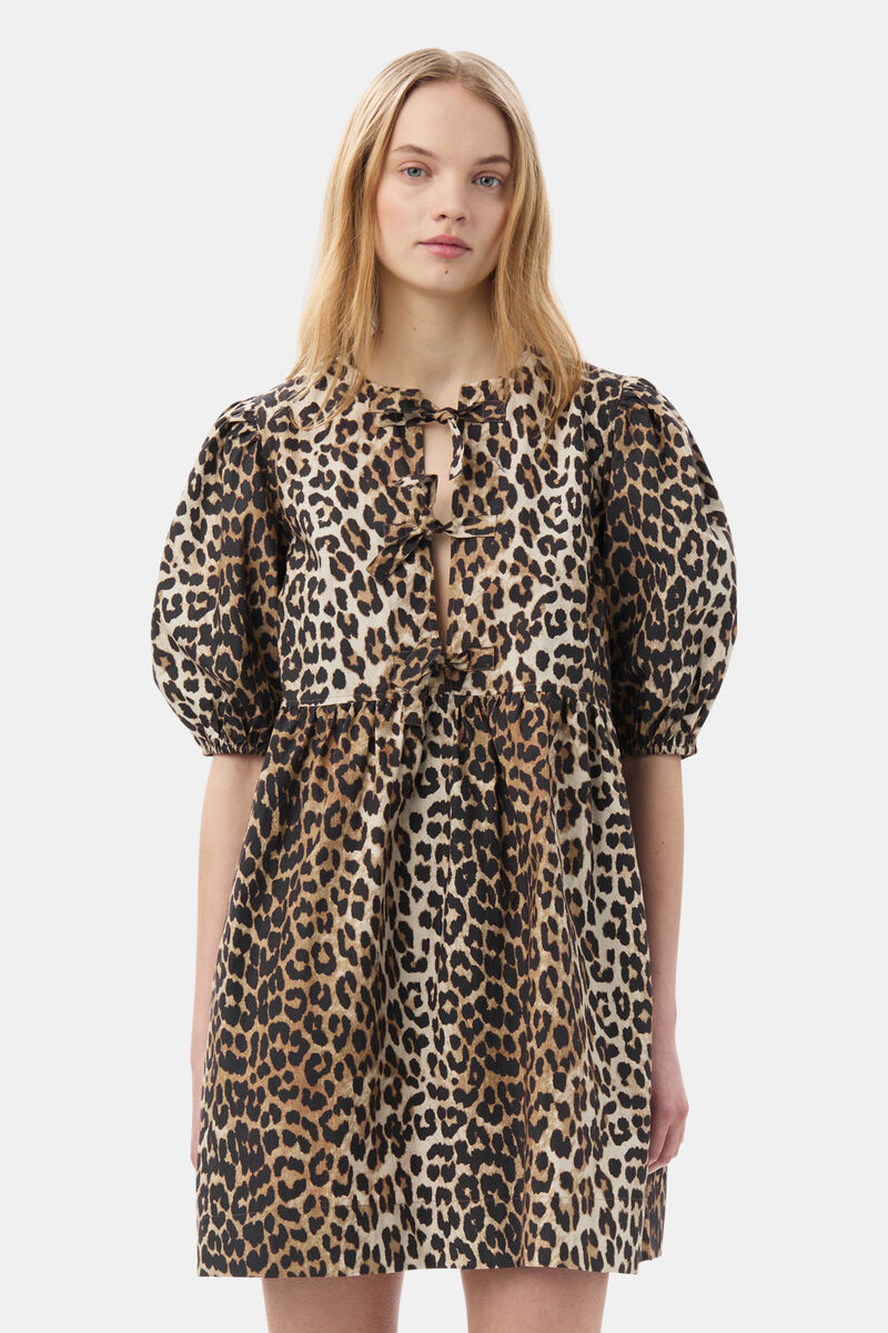 Leopard Leopard Printed Cotton Tie String Mini Dress Ganni Uk