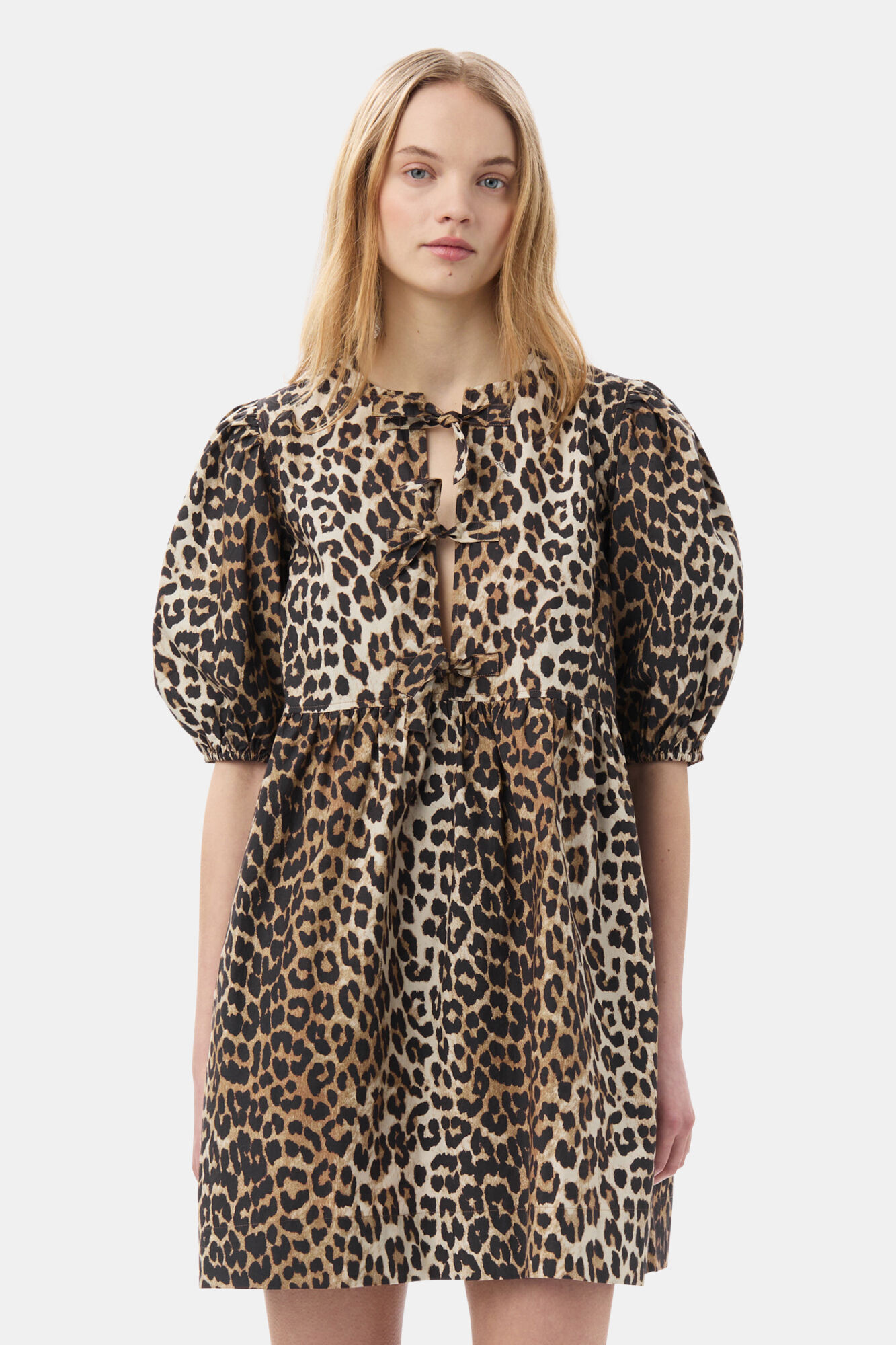 Leopard Leopard Printed Cotton Tie String Mini Dress | GANNI UK