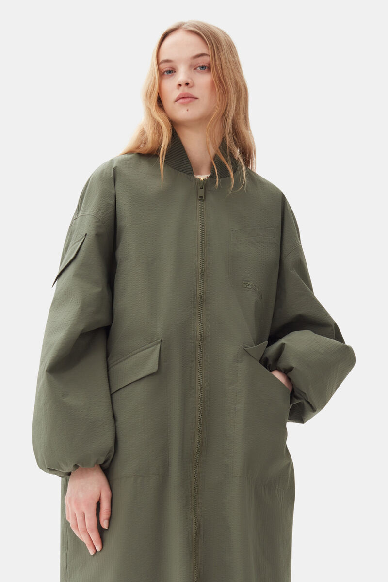 Beetle Green Tech Seersucker Oversized Shell Coat | GANNI