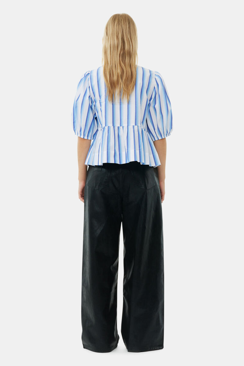 Silver Lake Blue Blue Striped Cotton Poplin Peplum Tie Blouse | GANNI AU