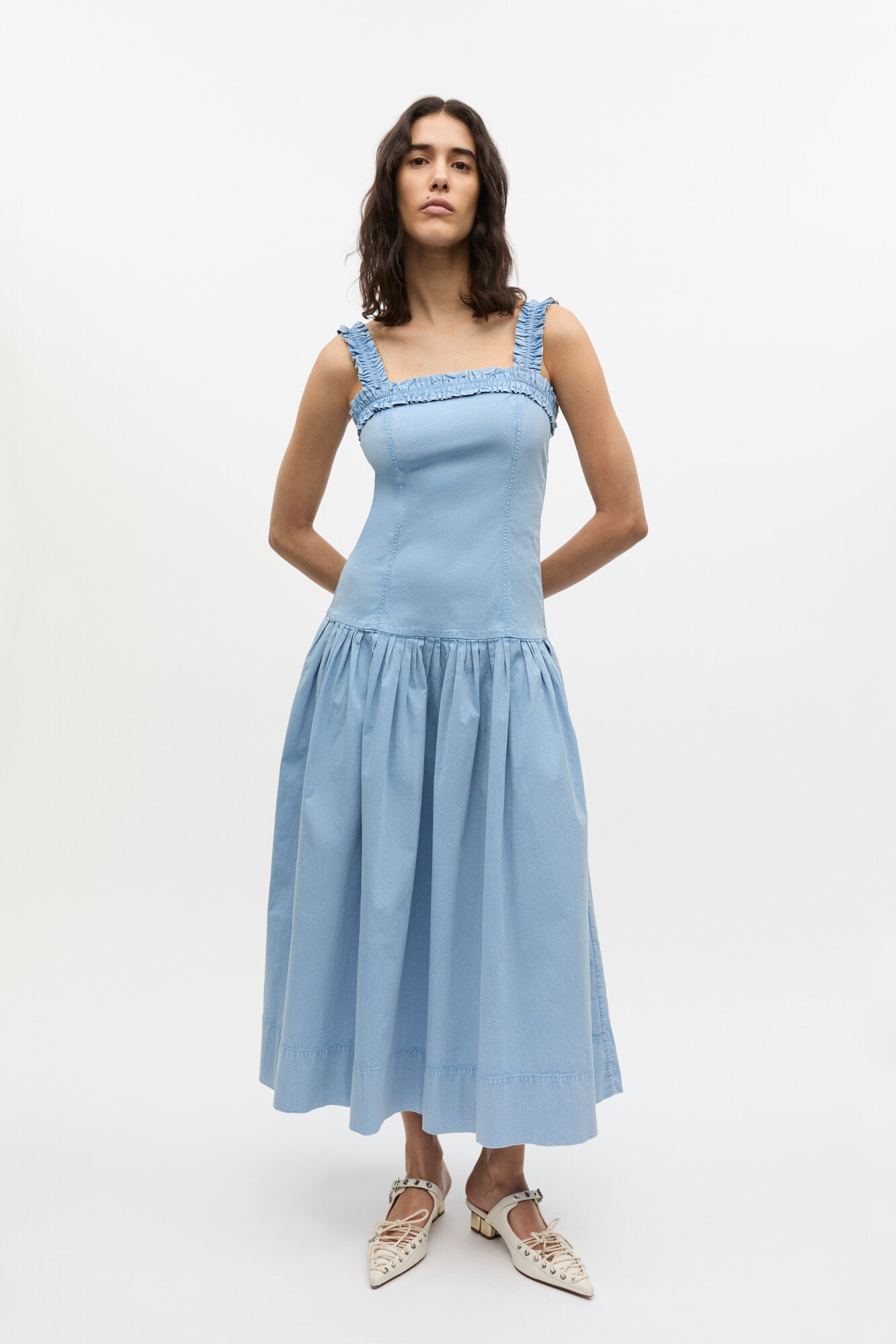 Blue Washed Stretch Cotton Corset Dress | GANNI AE