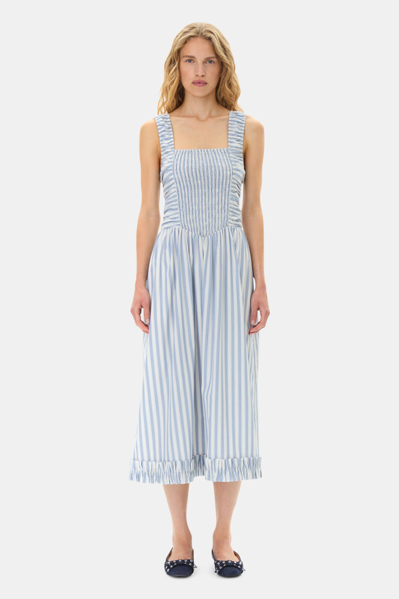 Egret Blue Stripe Cotton Midi Strap Smock Dress | GANNI
