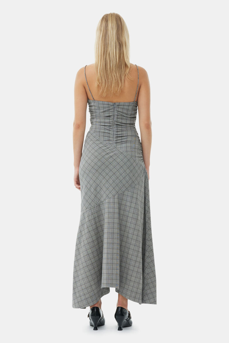 Frost Gray Checkered Ruched Long Slip Dress | GANNI AE