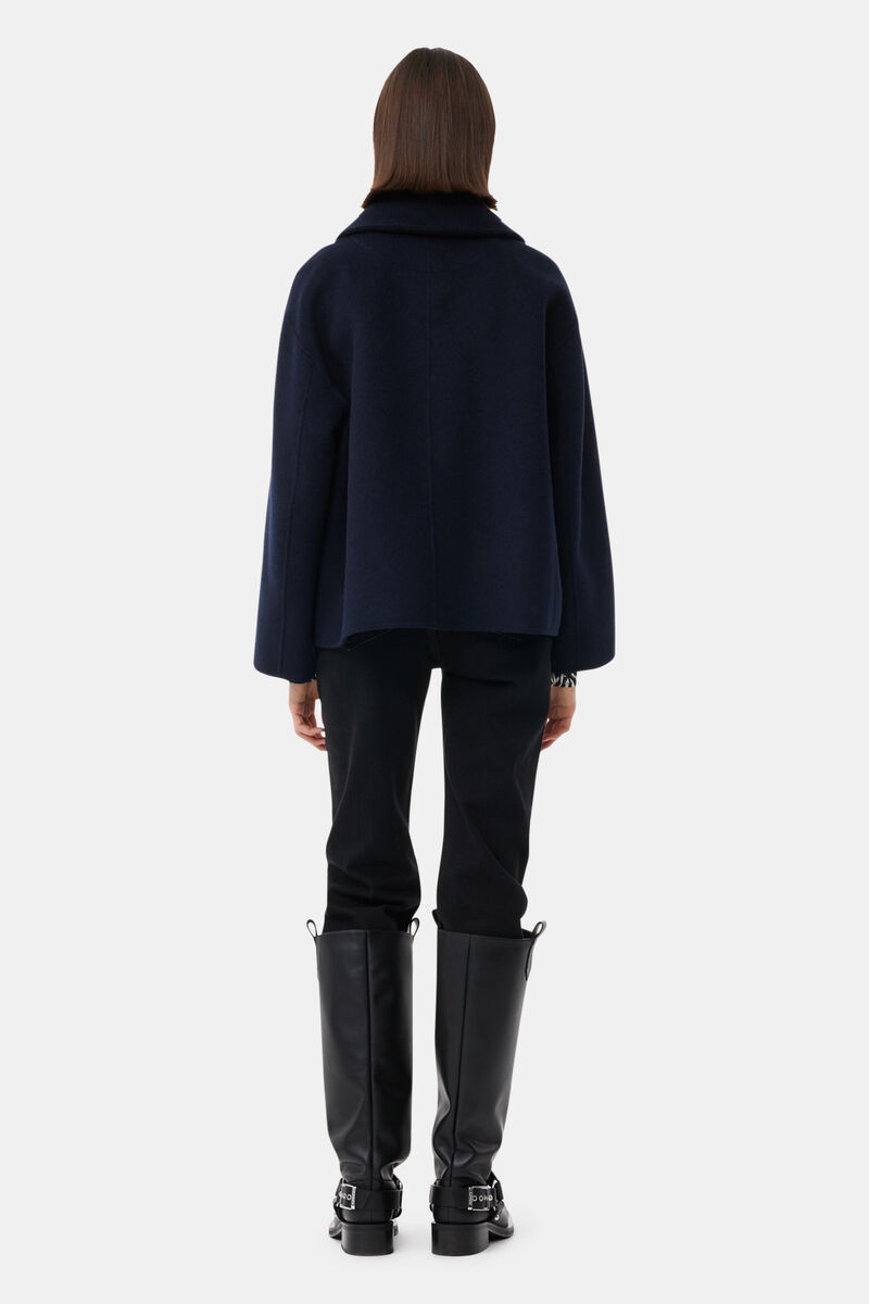 Sky Captain Blue Wool Wide Collar Jacket | GANNI US