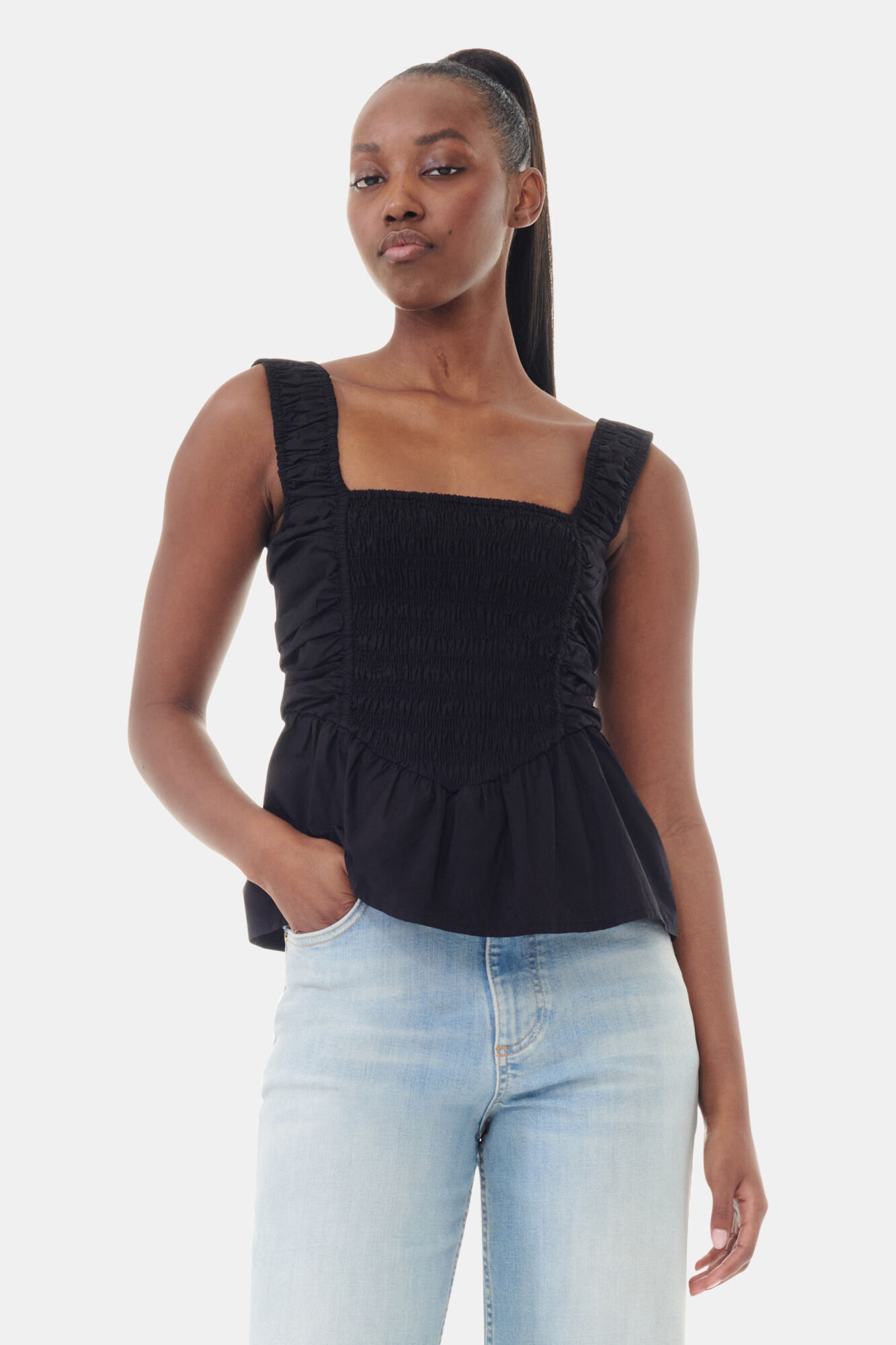 Black Black Cotton Poplin Smock Strap Top | GANNI UK
