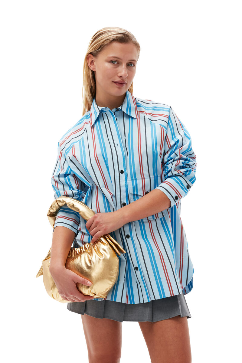 Brilliant Blue Stripe Cotton Oversize Raglan Shirt | GANNI UK
