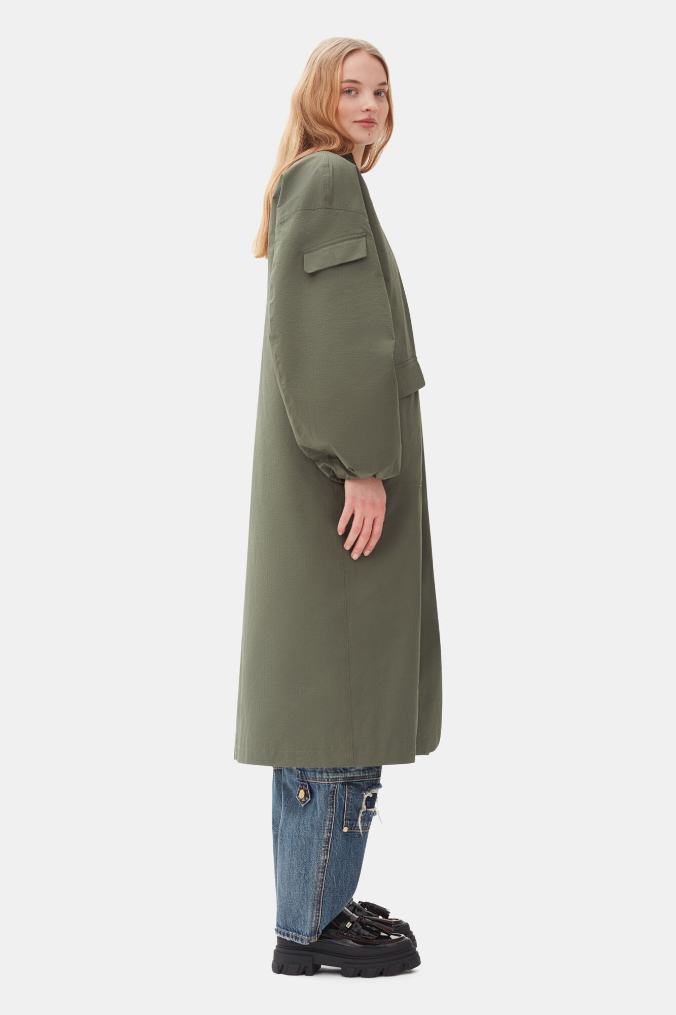 Beetle Green Tech Seersucker Oversized Shell Coat | GANNI