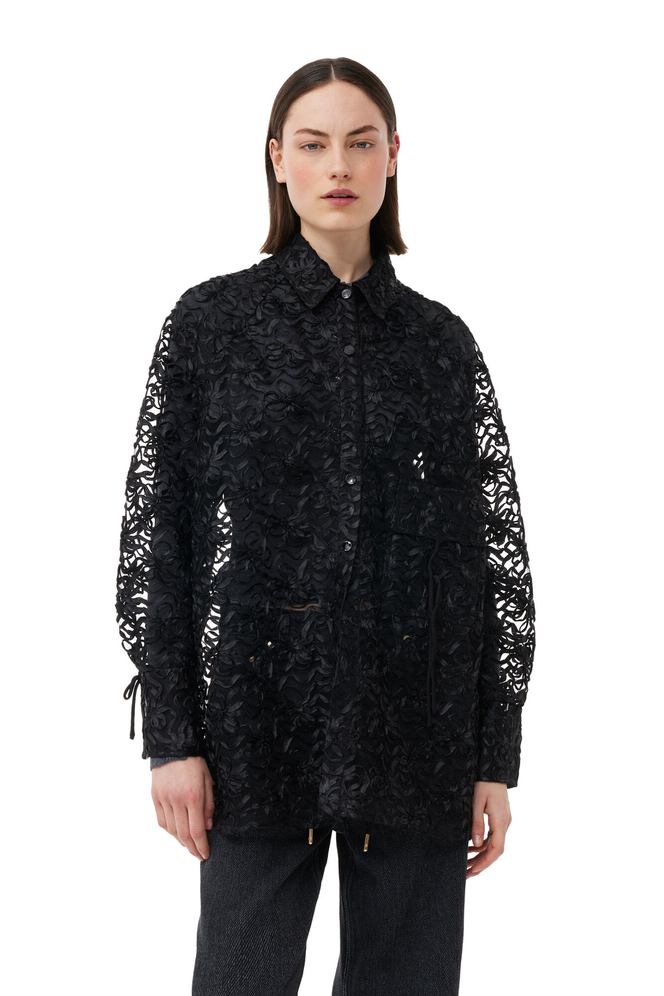 Black Black Ribbon Tulle Raglan Shirt | GANNI AU