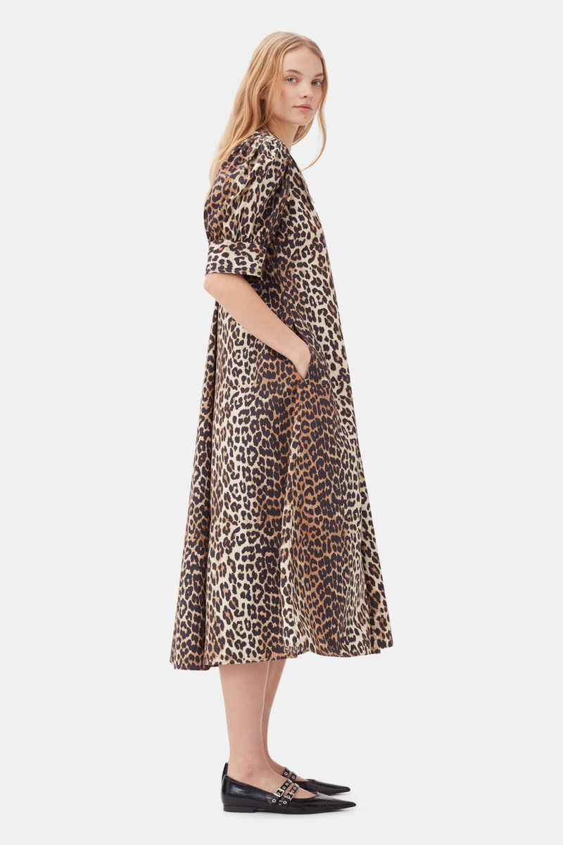 Leopard Leopard Cotton Poplin V-neck Maxi Dress | GANNI US