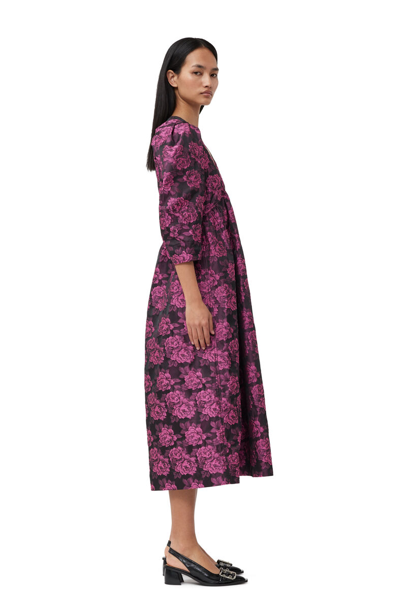 Cone Flower Pink Botanical Jacquard V-neck Midi Dress | GANNI CH