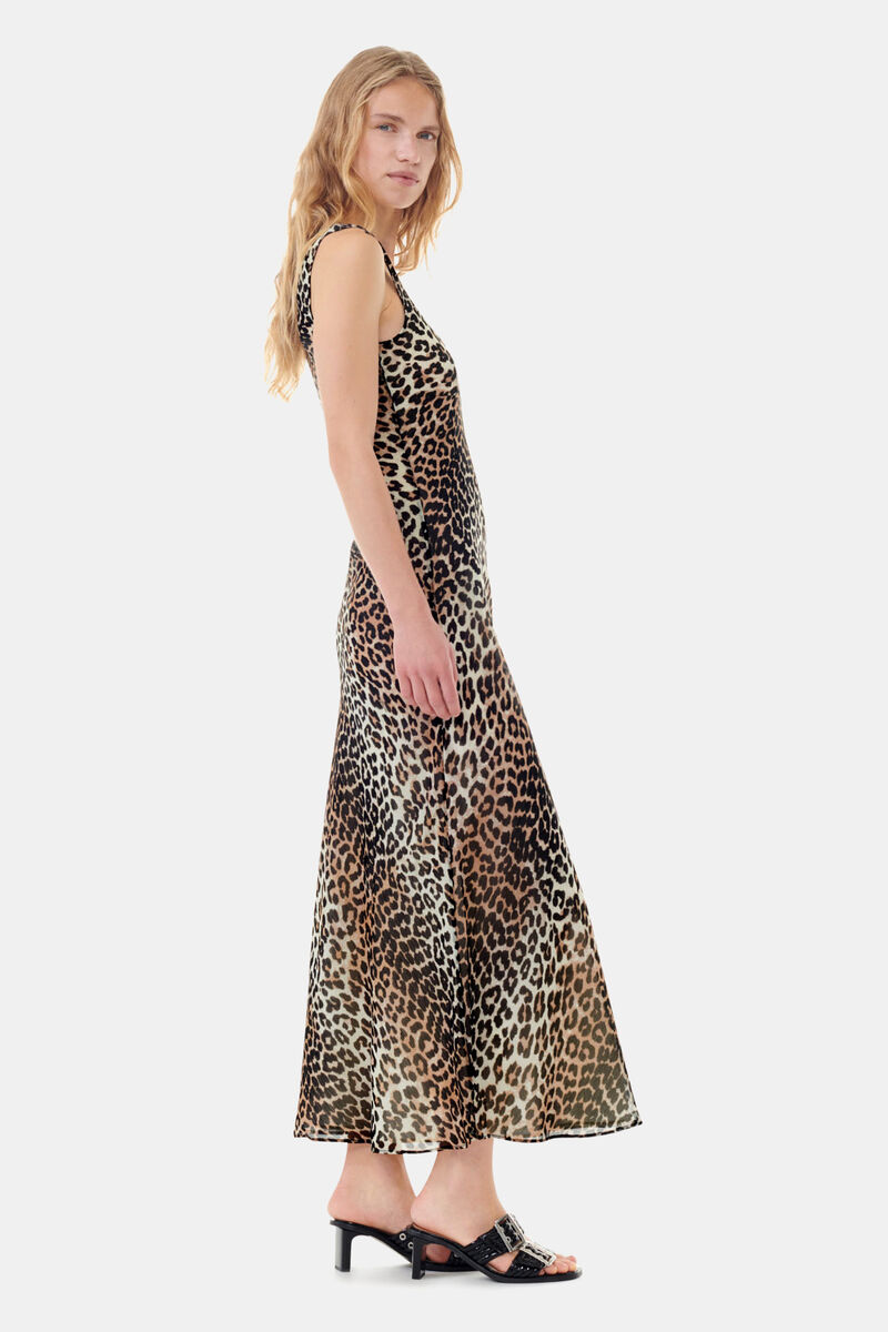 Almond Milk Leopard Printed Chiffon Maxi Dress | GANNI UK