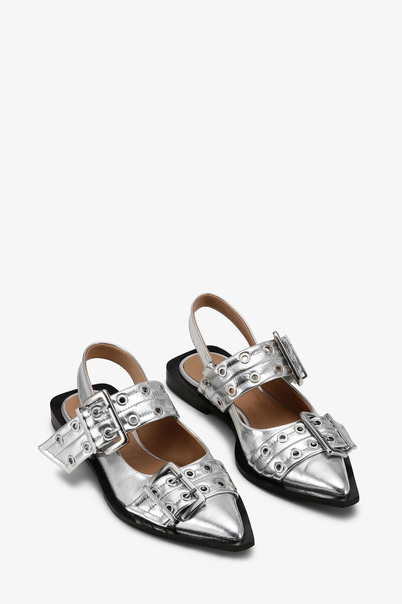 Silver Silver Metallic Feminine Buckle Ballerinas | GANNI US
