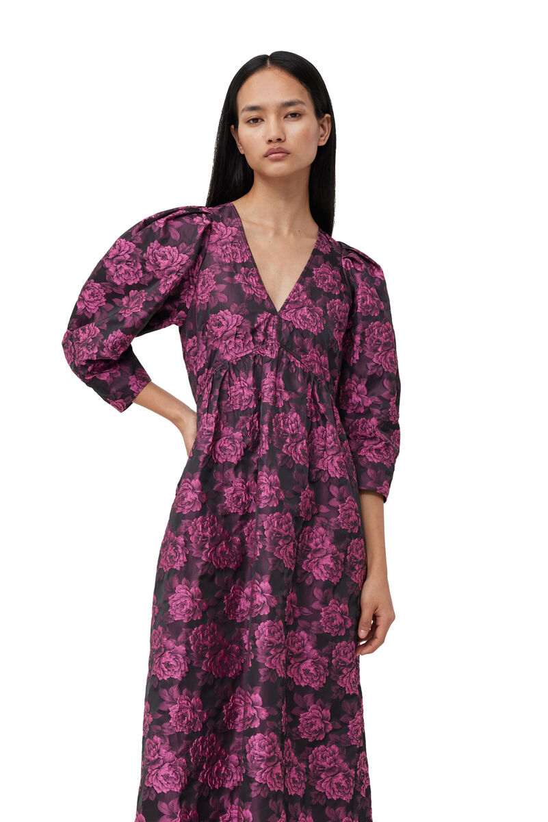 Cone Flower Pink Botanical Jacquard V-neck Midi Dress | GANNI CH